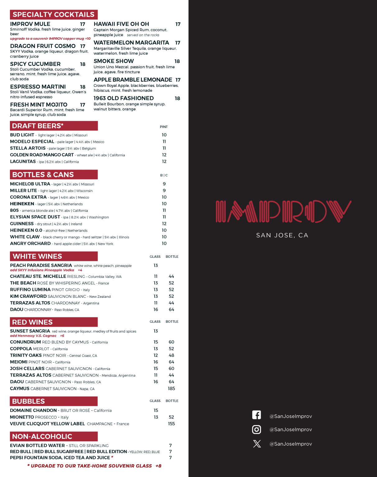 San Jose Improv Food and Beverage Menus