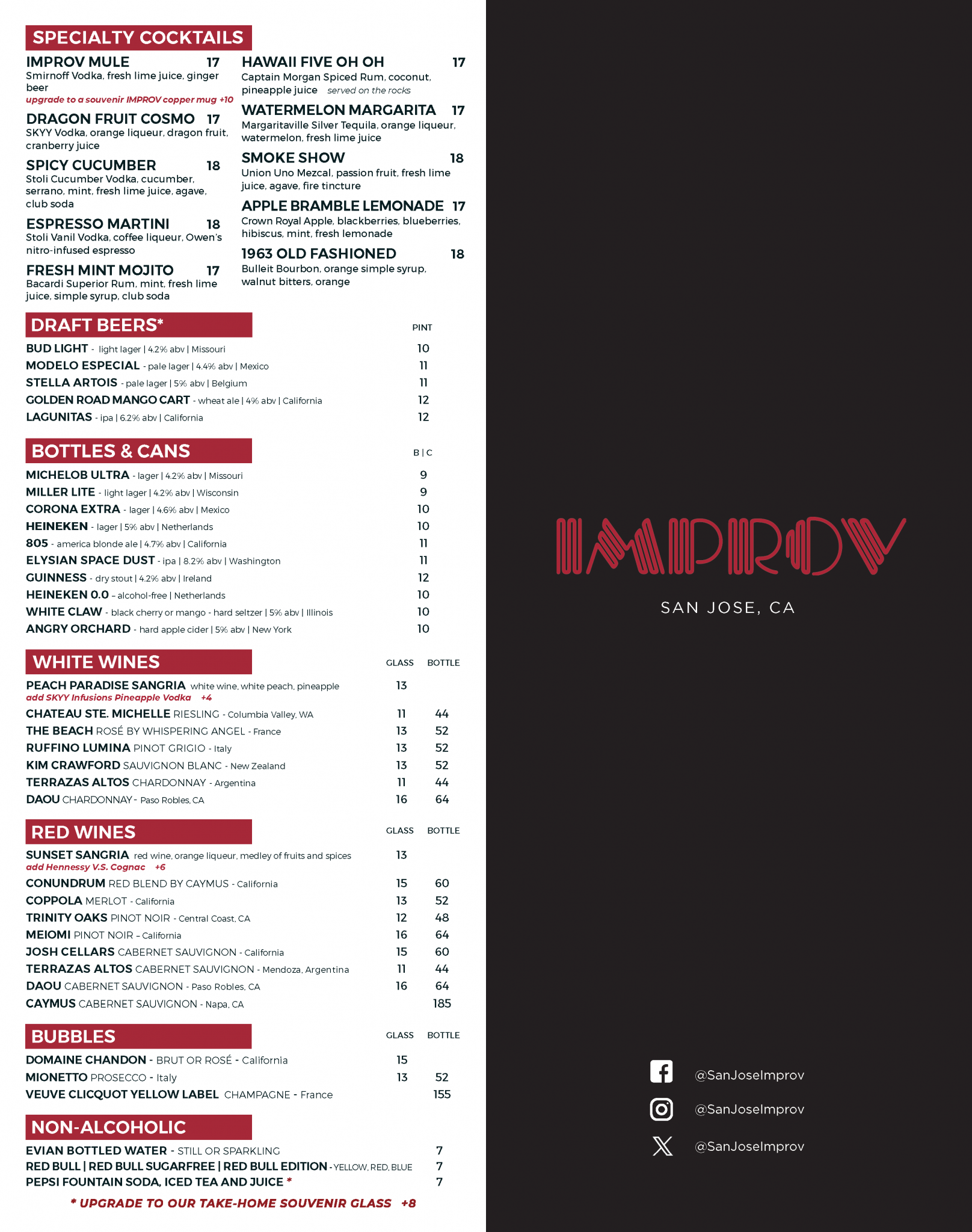 San Jose Improv Food and Beverage Menus