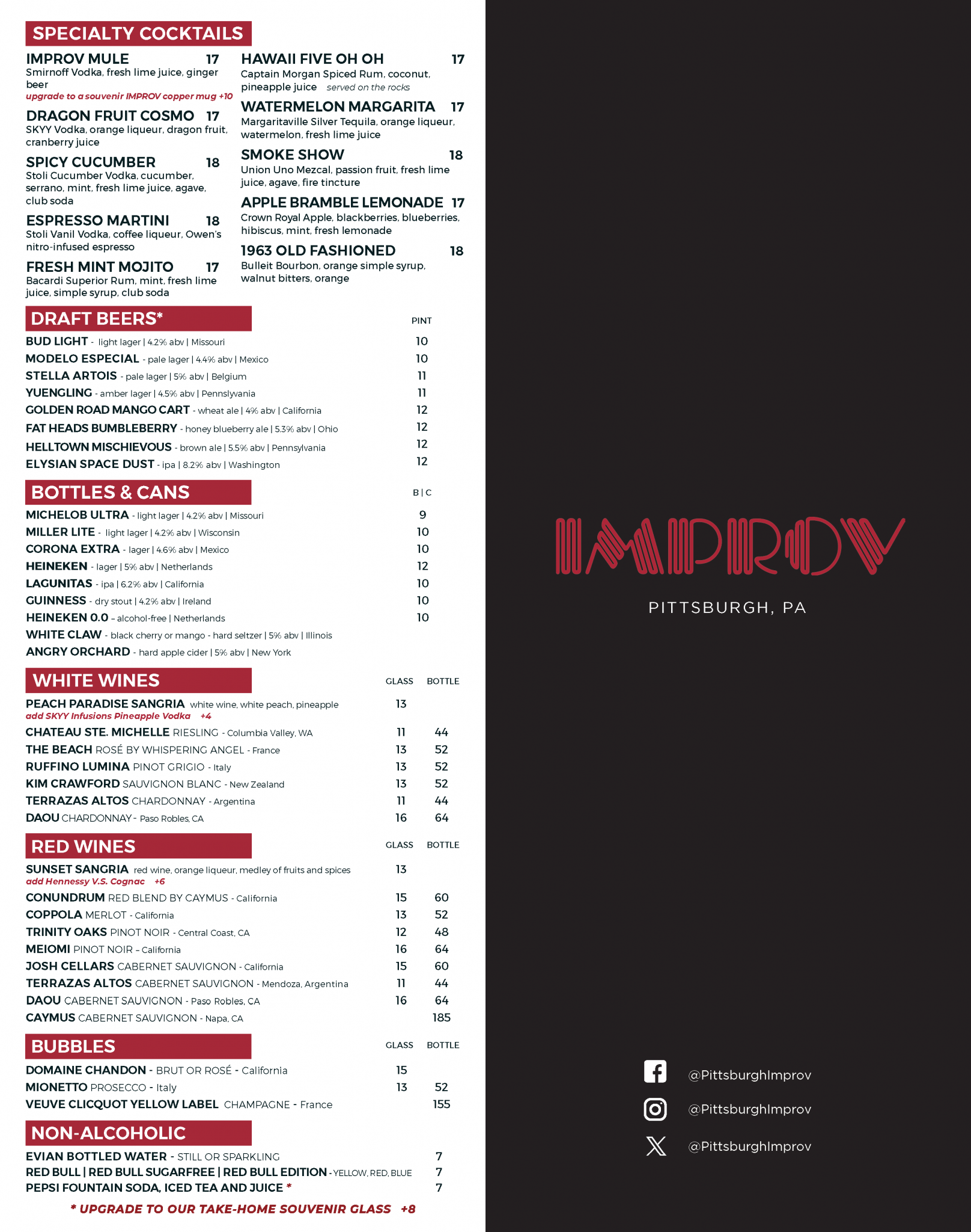 Pittsburgh Improv Food and Drink Menus
