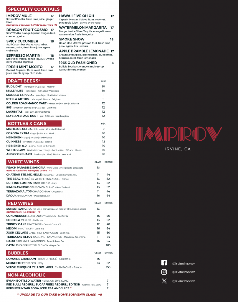 Irvine Improv Food and Drink Menu