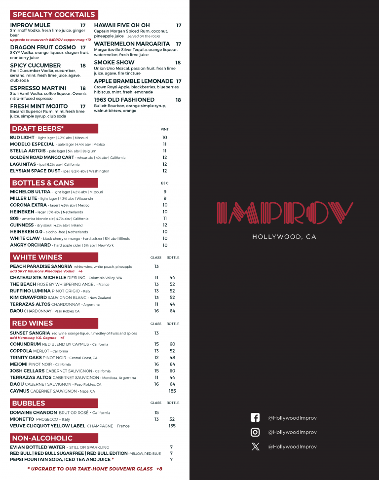 Hollywood Improv Food and Drink Menus