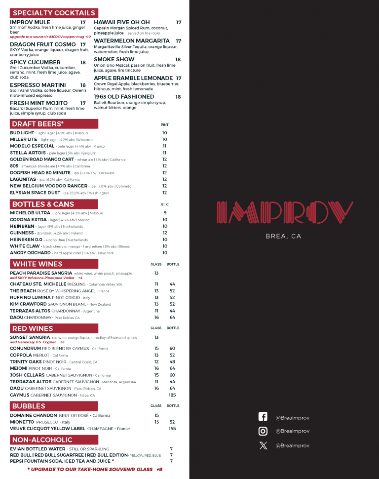 Brea Improv Food and Drink Menu