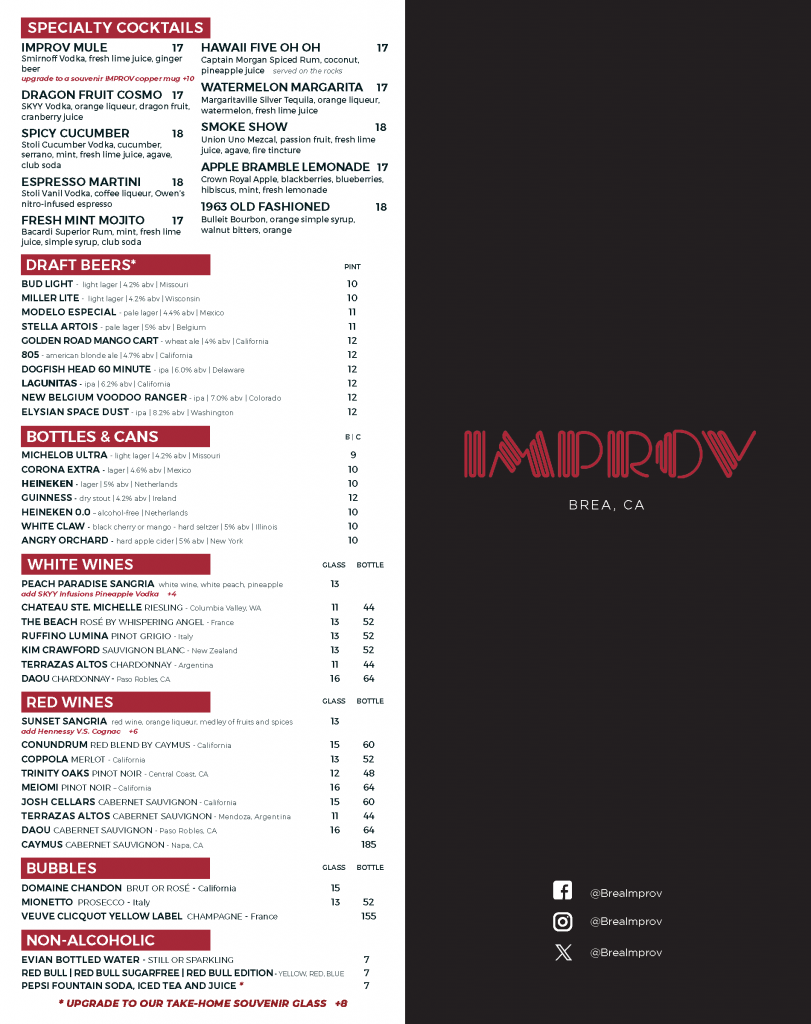 Brea Improv Food and Drink Menu