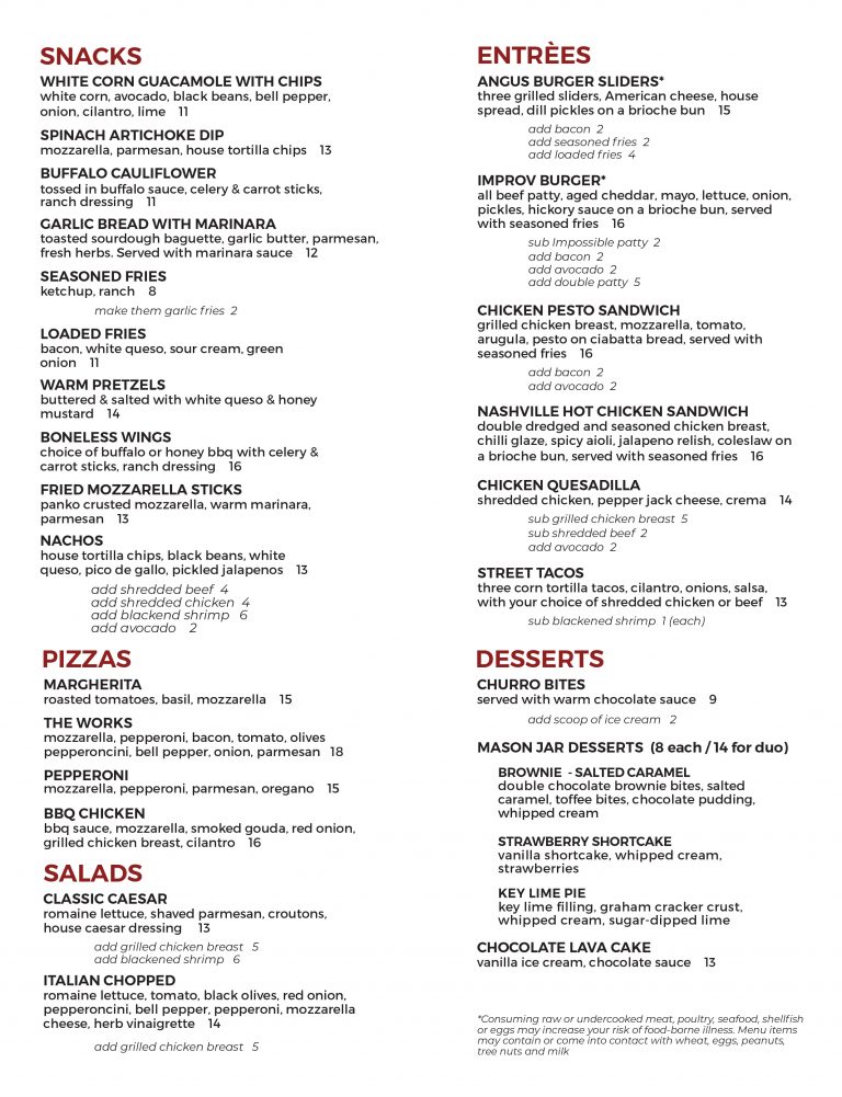 Brea Improv Food and Drink Menu