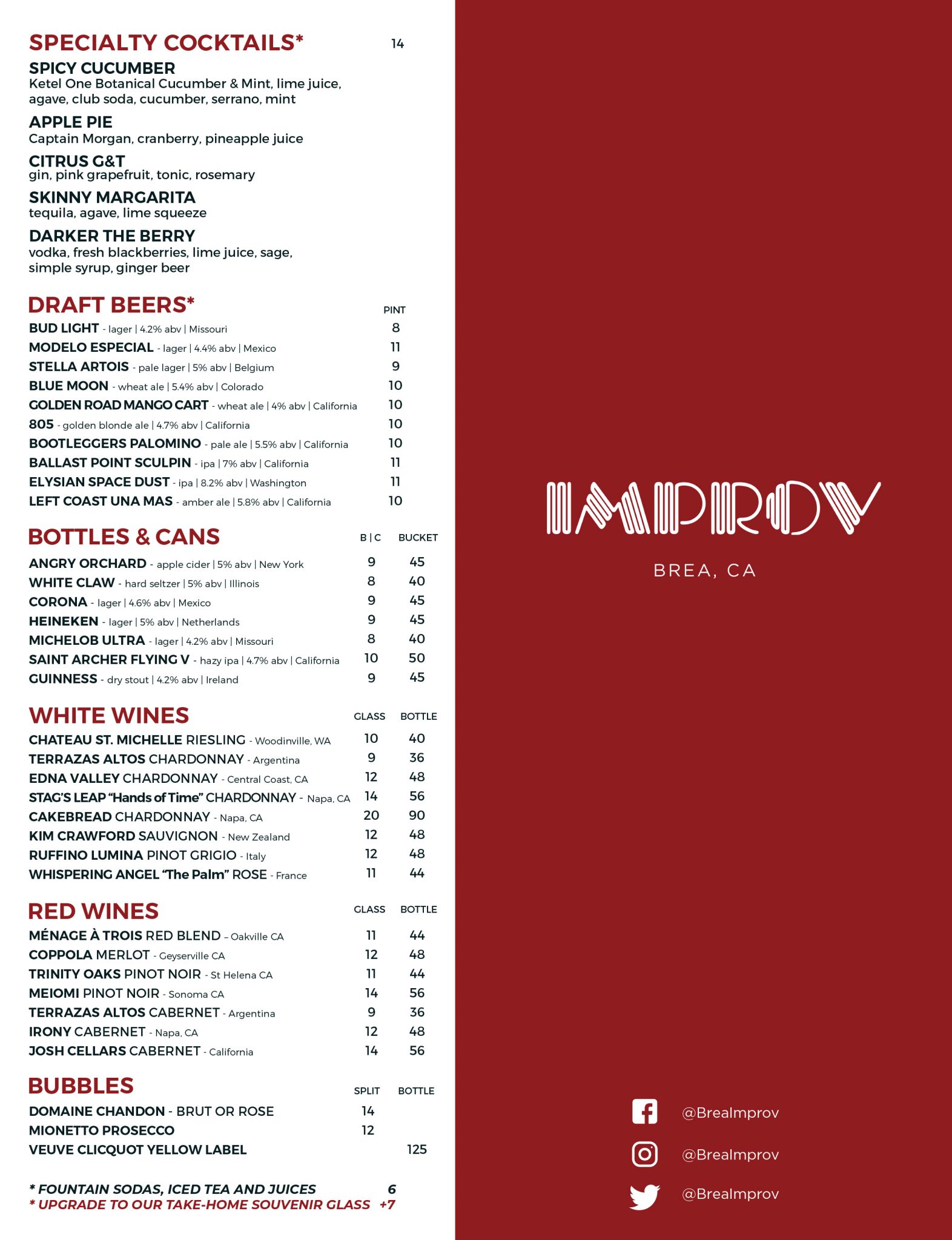 Brea Improv Food and Drink Menu