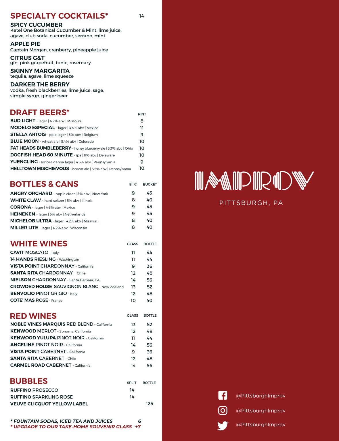 Pittsburgh Improv Food and Drink Menus