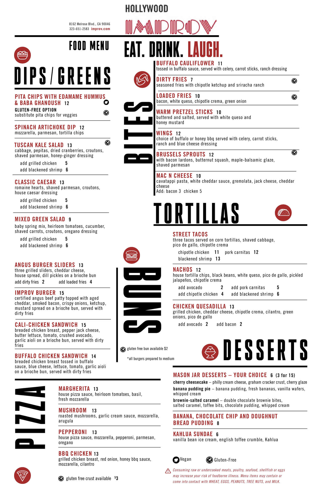 Hollywood Improv Food and Drink Menus