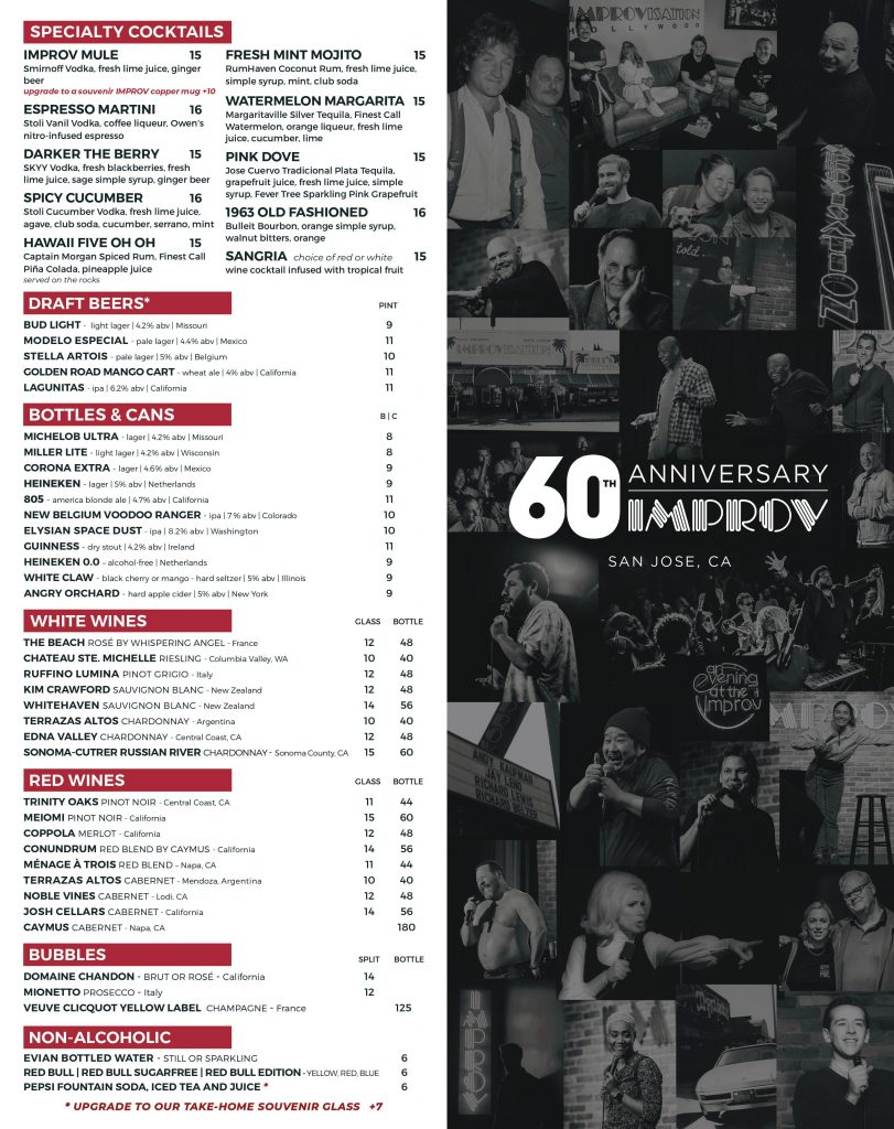 San Jose Improv Food and Beverage Menus