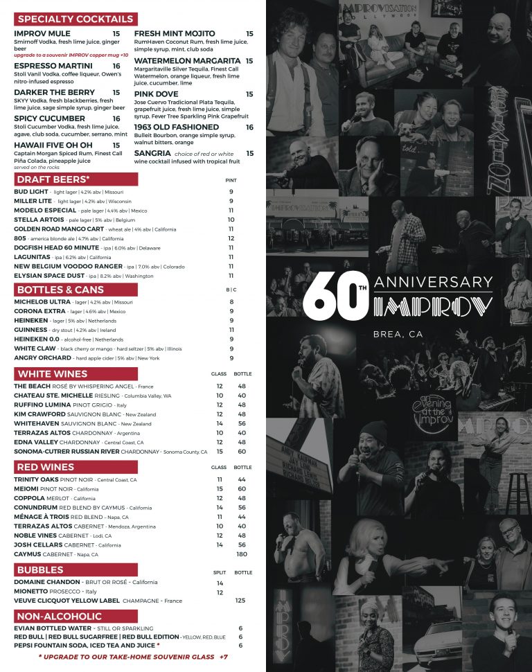 Brea Improv Food and Drink Menu