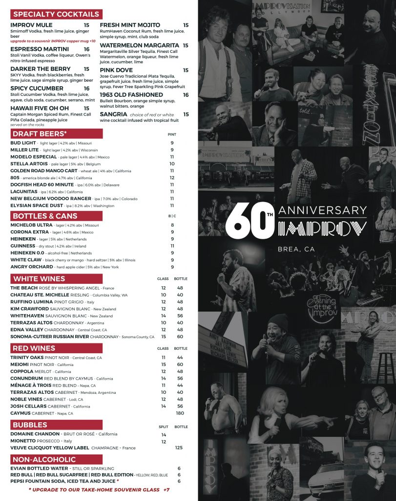Brea Improv Food and Drink Menu
