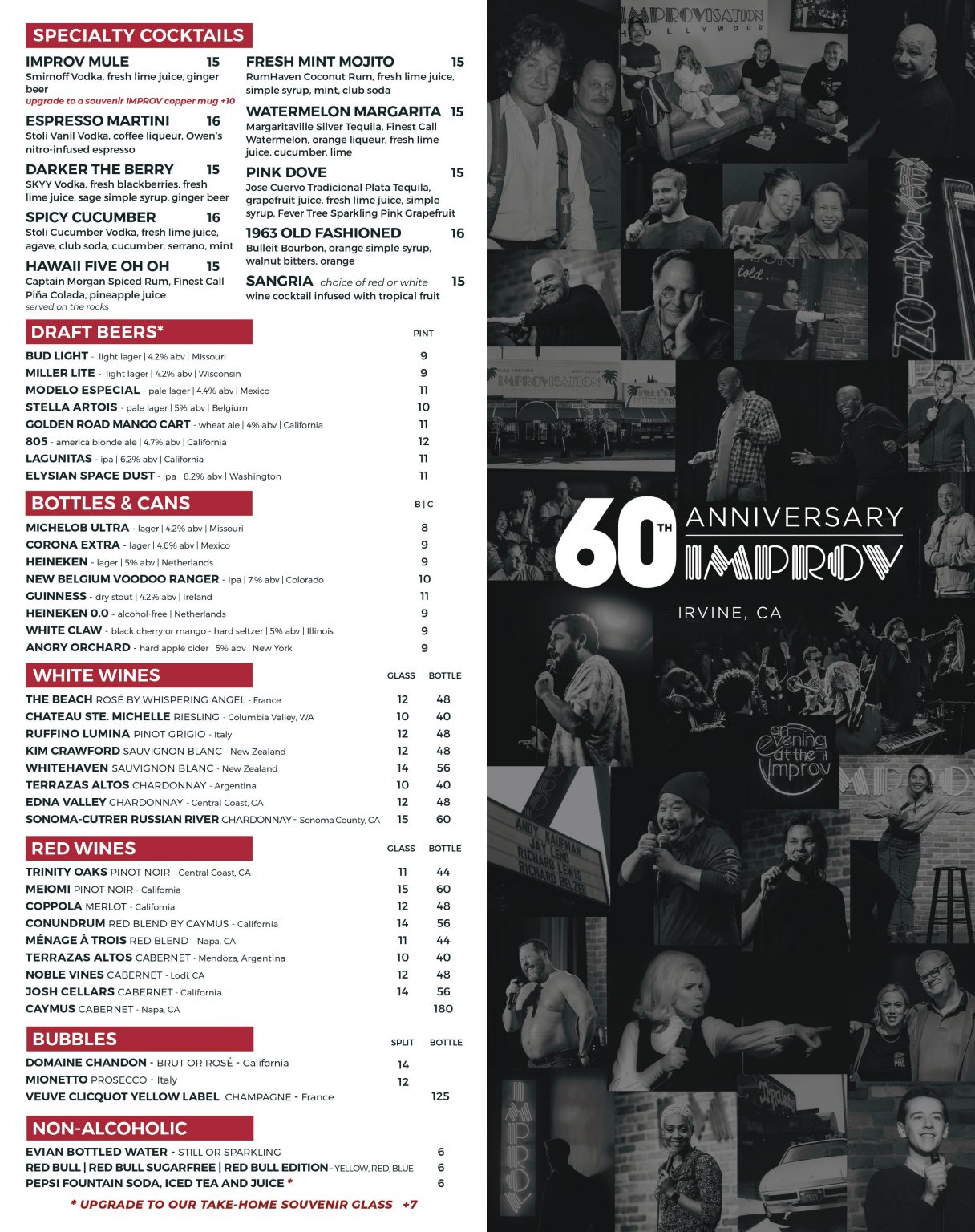 Irvine Improv Food and Drink Menu