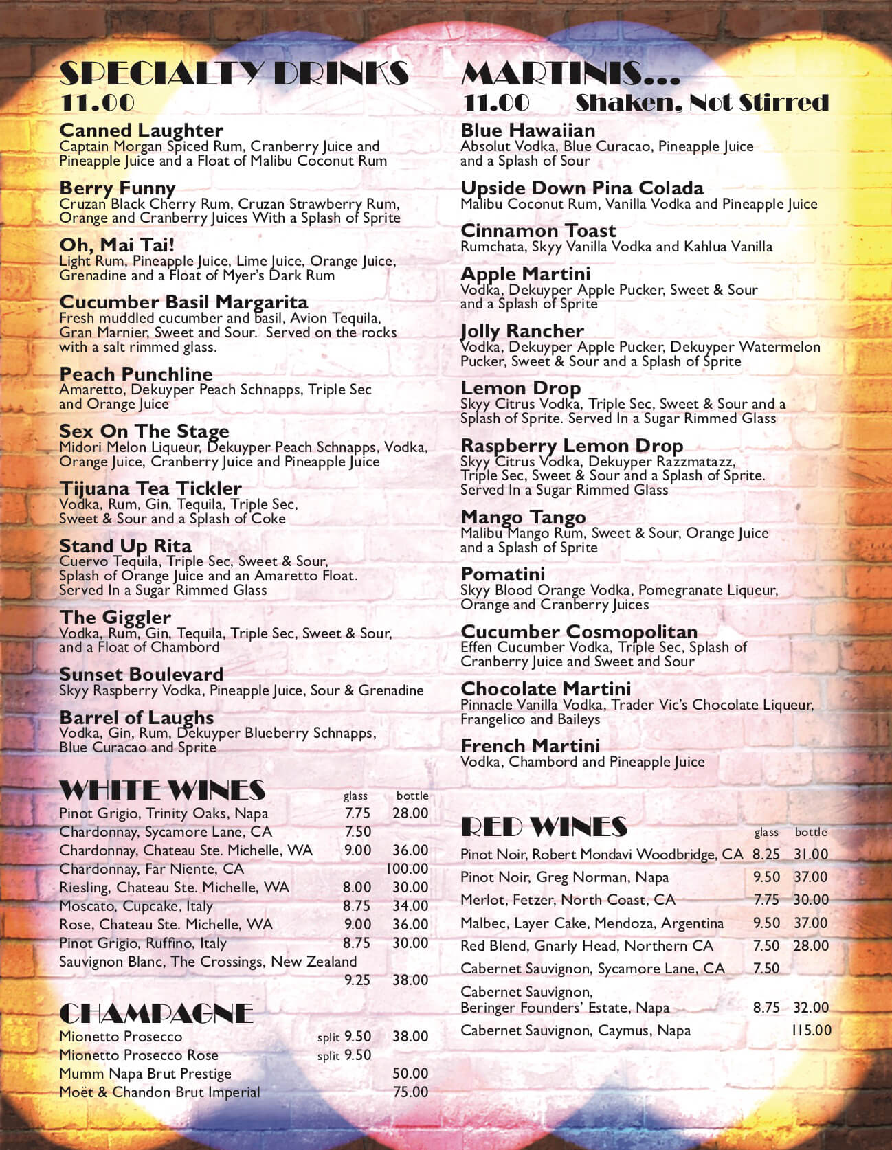Chicago Improv Food and Drink Menus
