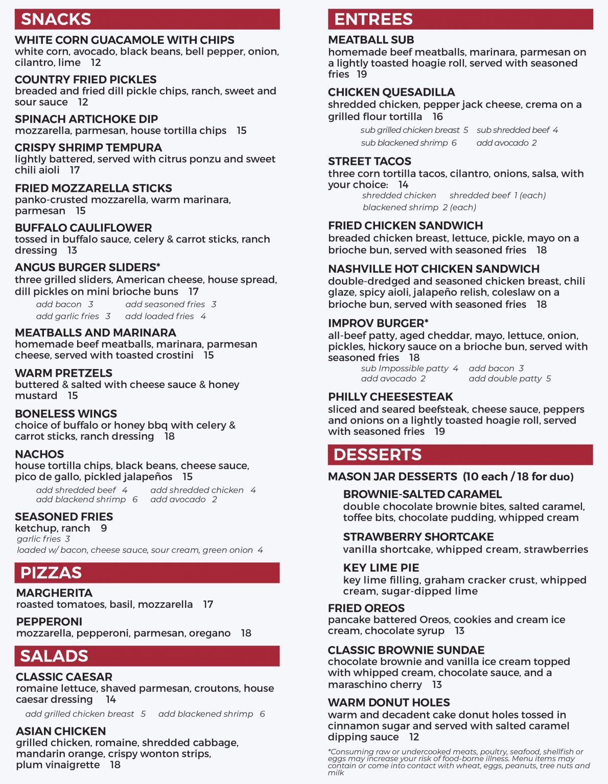 Brea Improv Food and Drink Menu
