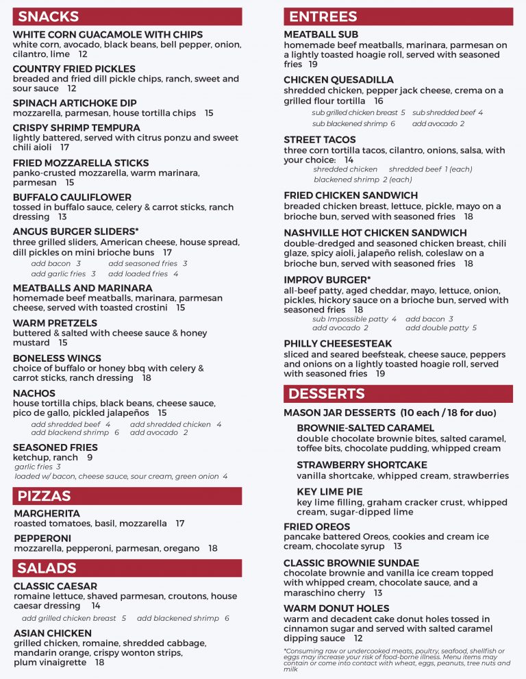 Brea Improv Food and Drink Menu