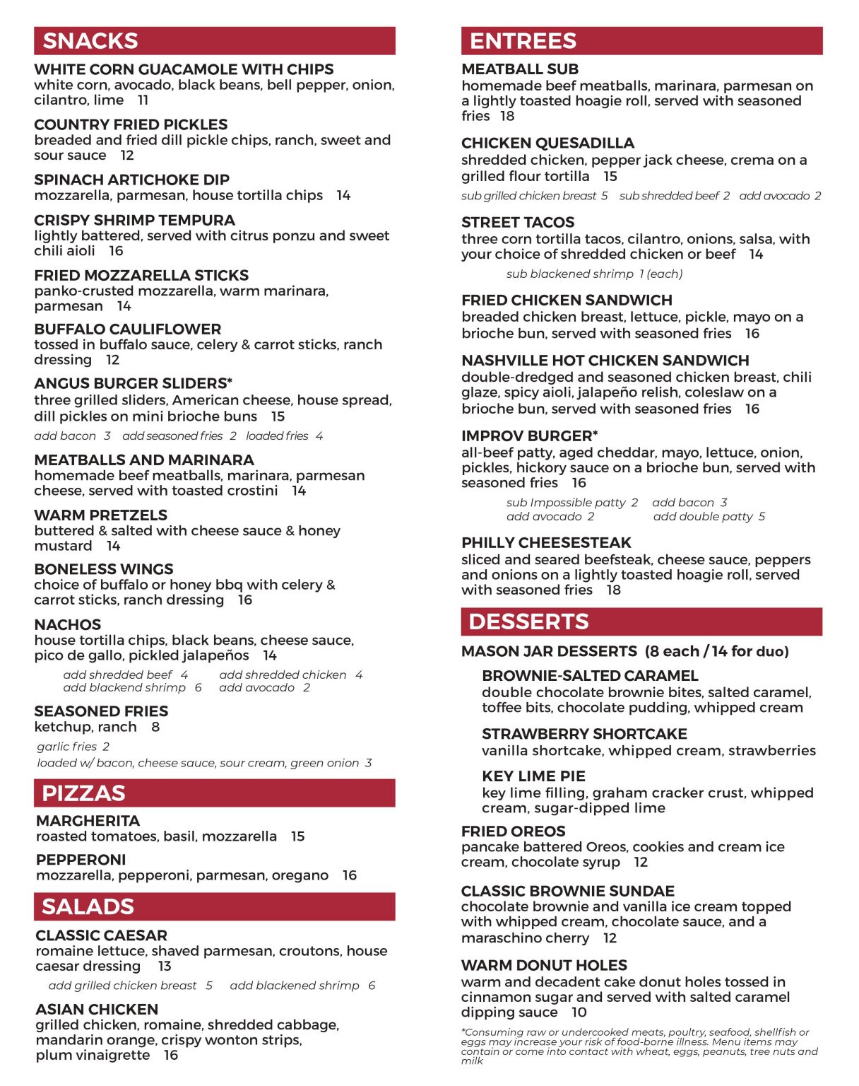 Brea Improv Food and Drink Menu