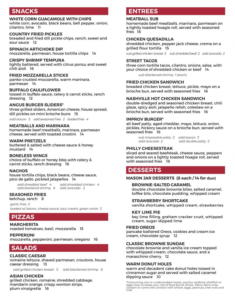 Brea Improv Food and Drink Menu